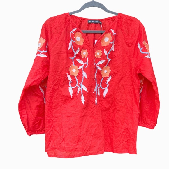 Antik Batik | Tops | Antik Batik Belah Blouse Tomato Red Embroidered ...